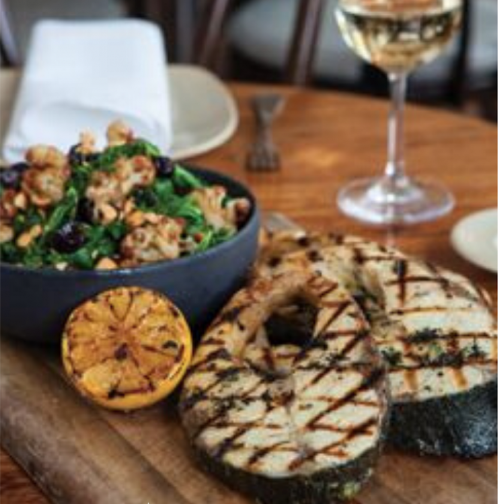 Grilled Kingfish Cutlet with mixed kale, fried cauliflower, salted ...