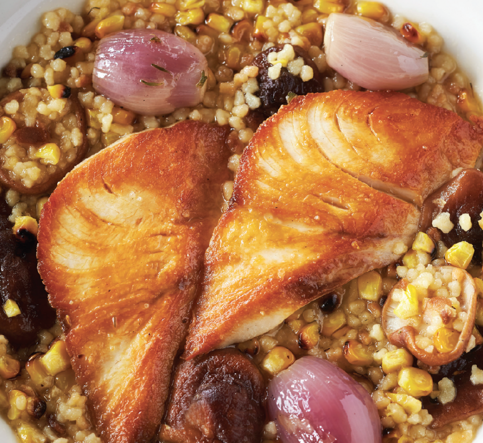 PAN ROASTED HIRAMASA KINGFISH with CHARRED CORN, FREGOLA & SHIITAKE ...
