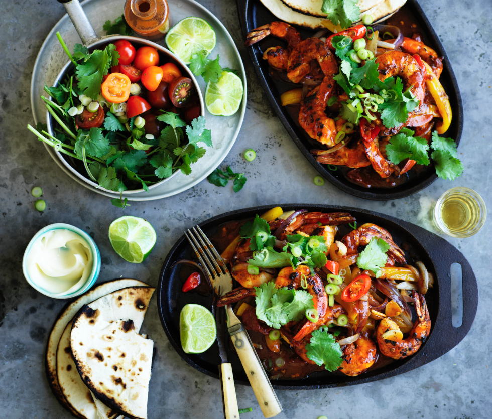 Sizzling prawn fajitas with chipotle hot sauce and tequila mayonnaise ...